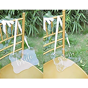 UNIQOOO Custom DIY Clear Blank Acrylic Hanging Sign | Elegant Wedding Chair Signs w/White Satin Ribbon for Bride & Groom | Perfect for Calligraphy Lovers Home Retail Store Party, 8x12 inch, Set of 4