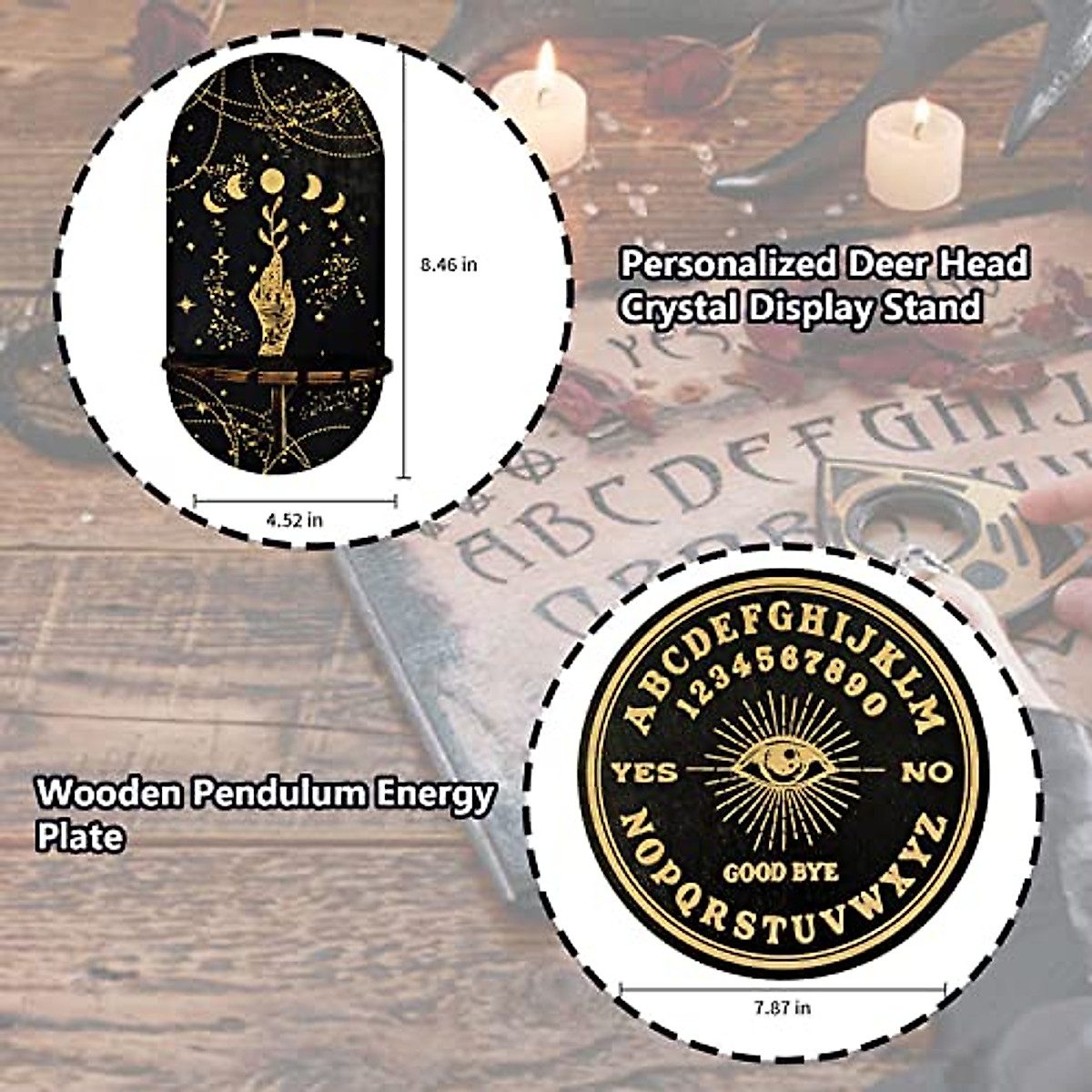 Knana 12PCS Small Crystal Shelf Display and Pendulum Board - Wall Mounted Shelf Crystal Hanging Display - with Black Angel Wings and Energy Stone for Living Room Bathroom Bedroom Decor