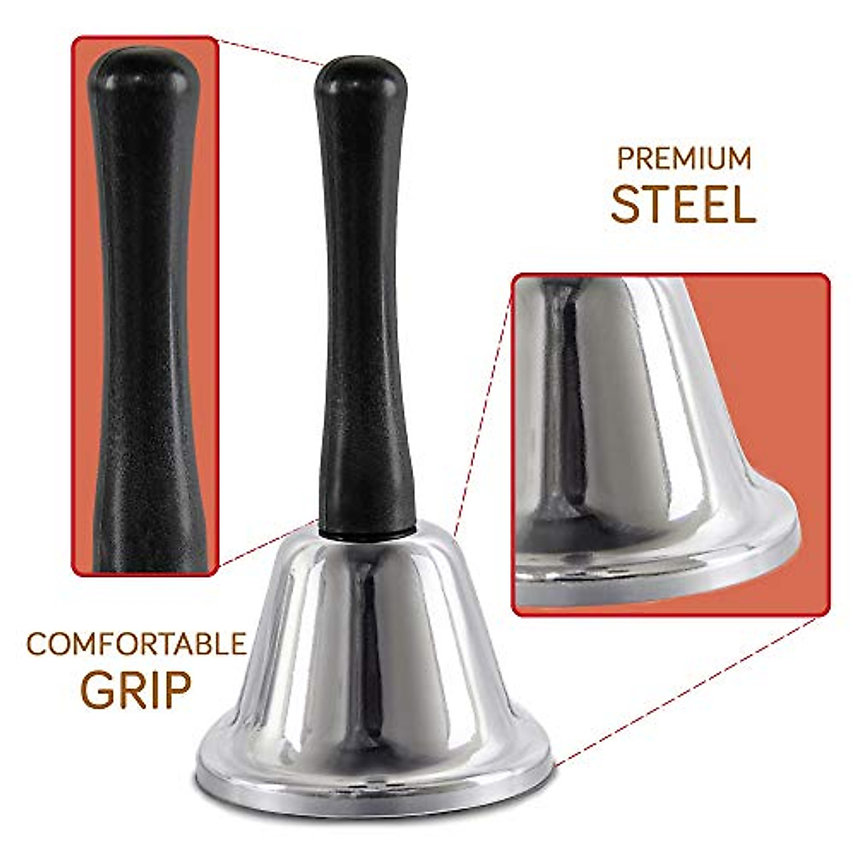 [2 Pack] Silver Steel Call Bells with Handle - Hand Bell Ring, Bed Alarm Elderly Assistance, School Teacher Classroom Doorbell, Office Reception Desk Restaurant Counter Tea Table Ringer Instrument