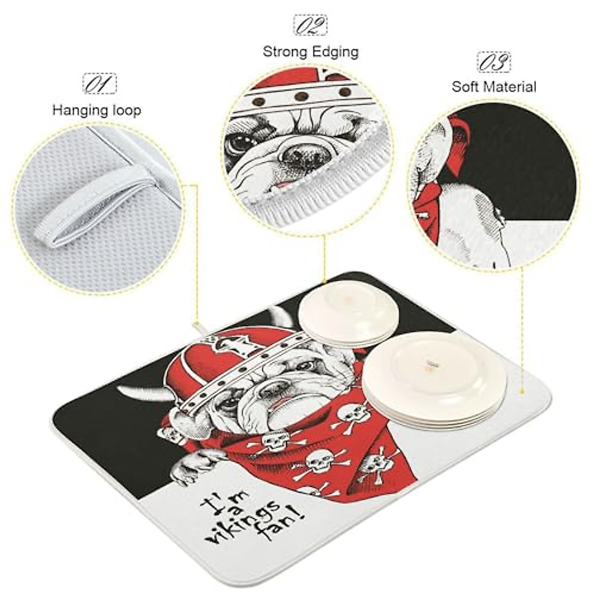 Red Skull Scarf Bulldog Black White Dish Mat Memory Foam Dish Drying Mat 16 X 18 Kitchen Mat Counter Dish Drainers Mat Dryer Kitchen Mat