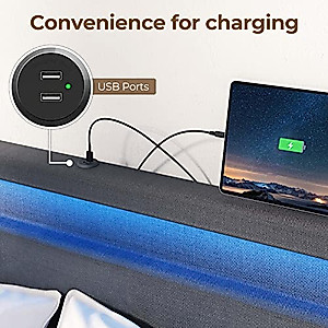 Rolanstar Bed Frame Queen Size with Headboard, Upholstered Platform Bed Frame Queen with LED Lights and USB Ports, Motion Activated Night Light & Solid Wood Slats, No Box Spring Needed, Dark Grey