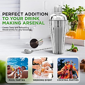 NutriChef Bartender Set 7 Piece - Includes Cocktail Shaker Mixer, Essential Bar Accessories, 2 Bottle Pourers, Bar Mixer Spoon, Jigger & 50 Recipe Booklet - Essential Martini Making Kit - Drink Mixing