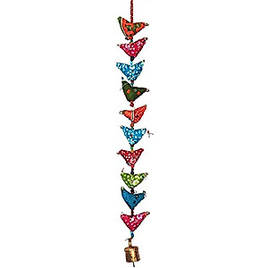 FIKIMOS Floral Cotton Stuffed Small Birds in Vibrant Design Stringed with Beads Brass Bell Door Hanging Assorted Set of 2 Pcs