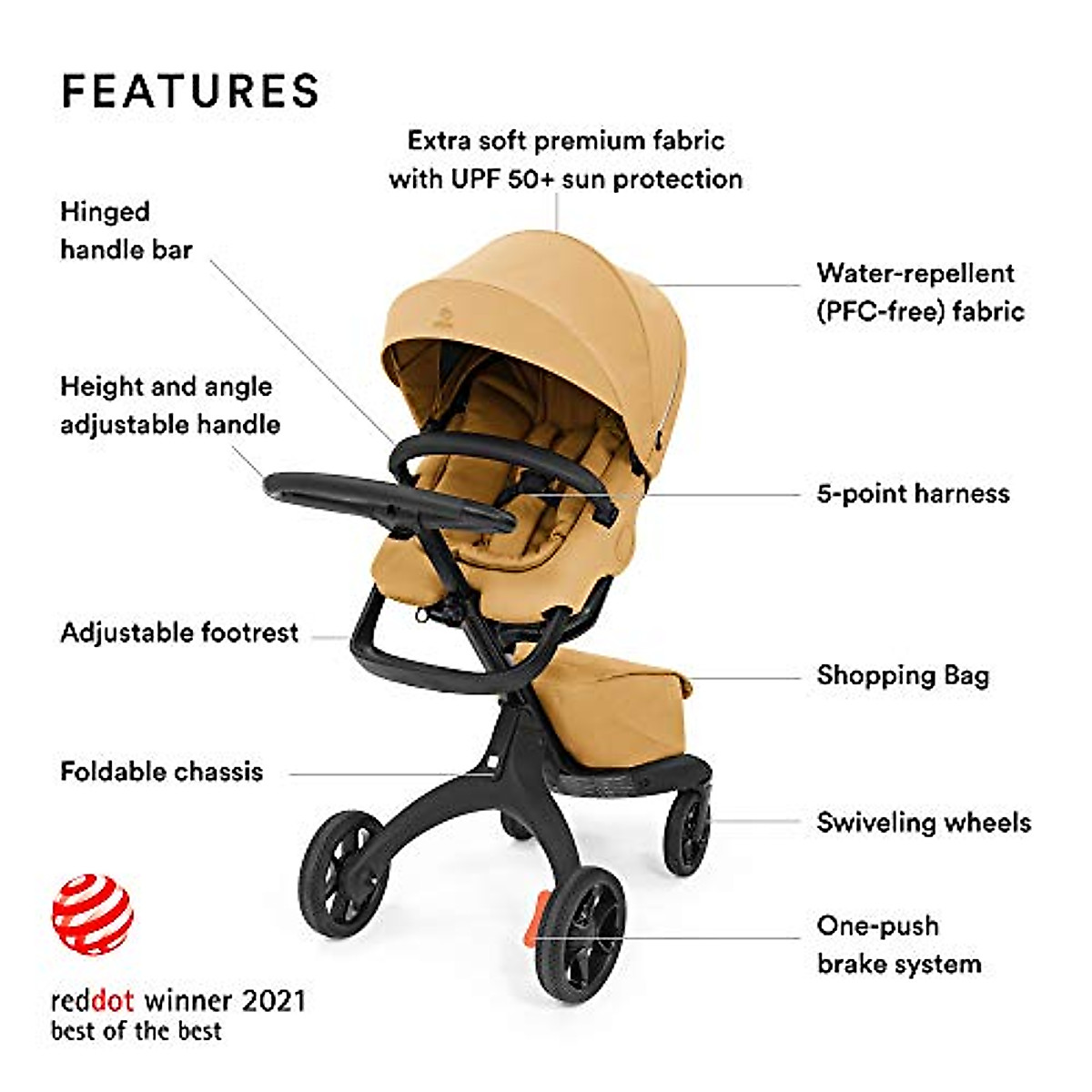 Stokke Xplory X, Golden Yellow - Luxury Stroller - Adjustable for Both Baby & Parents' Comfort - Padding, Harness & Reflective Zipper for Added Safety - Folds in One Step