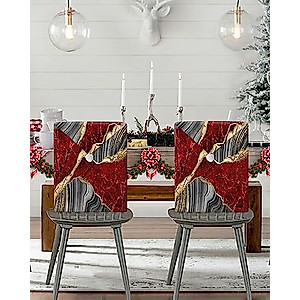 Abstract Chair Back Cover for Dining Room,Santa Hat Chair Slipcovers Set of 4, Burgundy Red Golden Gray Marble Washable Kitchen Chair Back Covers for Home Dinner Party Events Modern Fluid