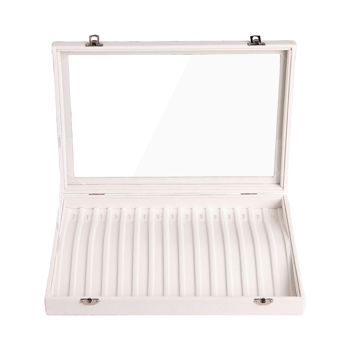 Frebeauty 15 Hooks Necklace Tray Velvet Neckalce Organizer with Clear Lid Lockable Necklace Holder Box Jewelry Organizer for Pendants Chains Necklace Jeweley Tray for Women Girls(Beige)