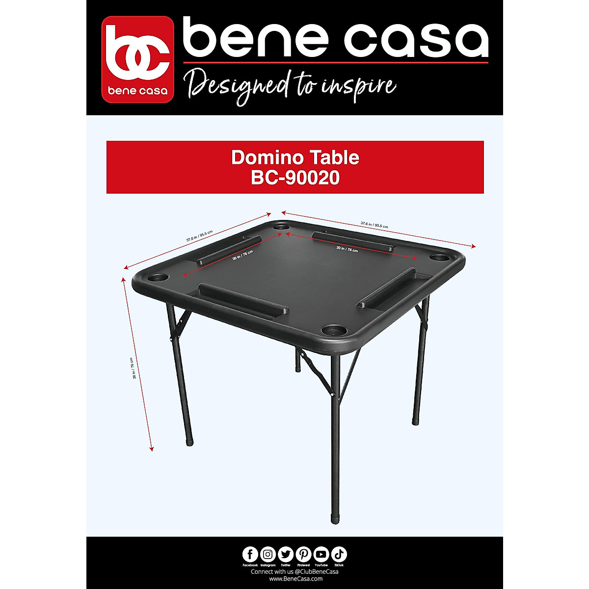 Bene Casa Black Domino Table, Premium Domino and Game Table/Professional-Grade Gaming Table, 38”x38” Table. Mesa de Domino Professional, Color Negro.