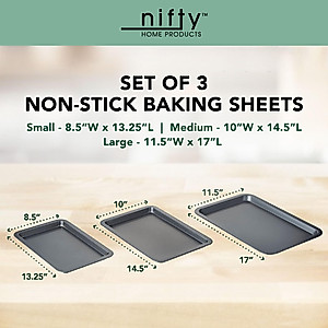 Nifty Cookie & Baking Sheets (Set of 3) – Non-Stick Coated Steel, Dishwasher Safe, Oven Safe up to 450 Degrees, includes Large/Med/Small Pans