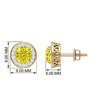Lab Created Yellow Sapphire and Diamond Halo Stud Earrings | 2.50 Cttw | AAAA Quality, 14K White Gold
