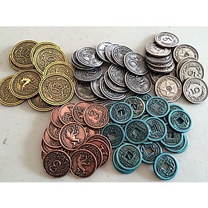 Stonemaier Games: Metal Coins (Scythe and Expeditions) | Metal Coins to Enhance Your Gameplay | 80 Coins with Unique Colors and Sides for Each Denomination - Values Include 1, 3, 5,10, and 20
