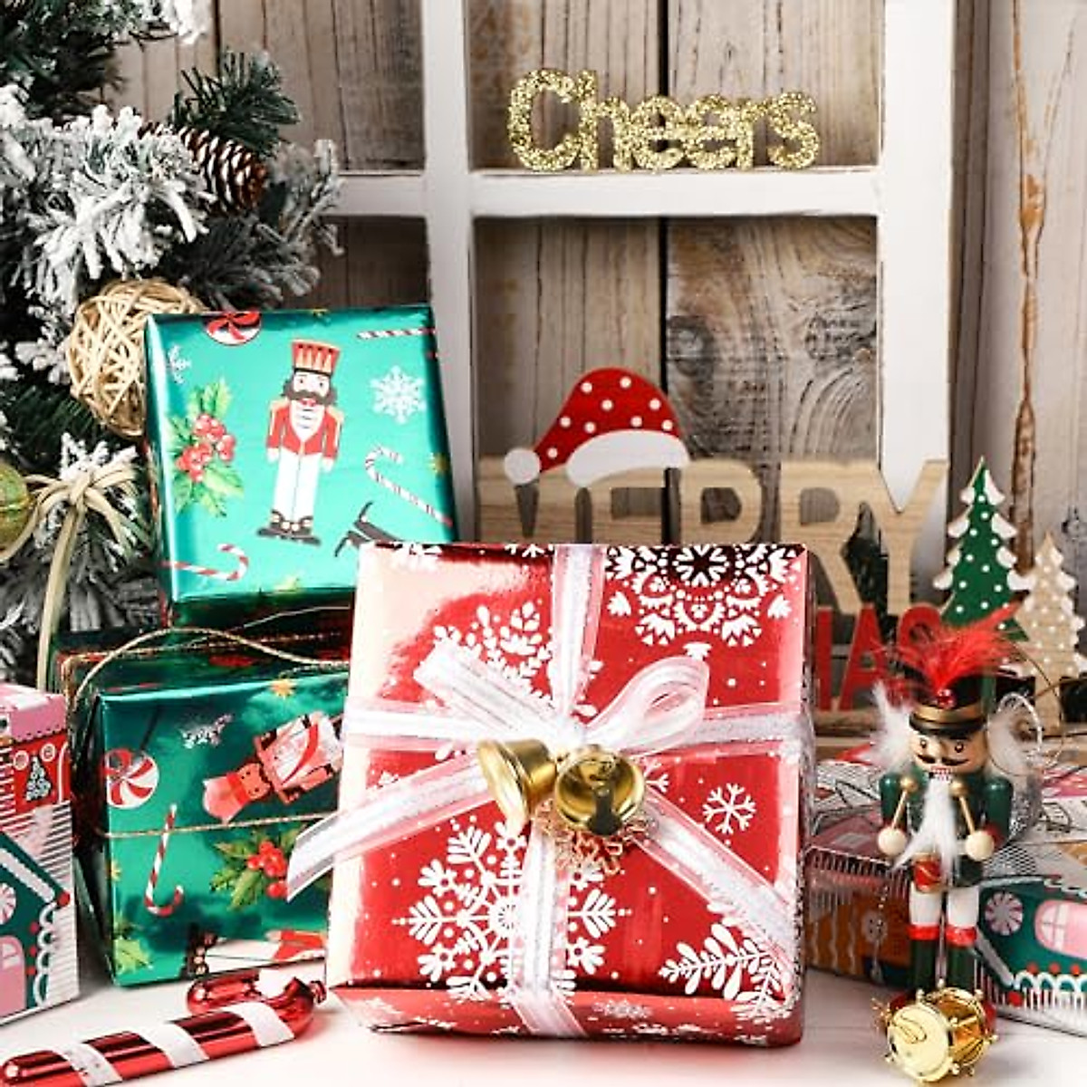 LeZakaa Christmas Metallic Foil Wrapping Paper - Mini Roll - Nutcracker/Snowflake/House Print for Gift Wrap, DIY Craft - 17 x 120 inches - 3 Rolls (42.5 sq.ft.ttl.)