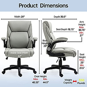 Leather Executive Office Chair- Ergonomic High Back PU Home Computer Desk Chair with Padded Flip-up Arms, Adjustable Height with Thick Seat and Tilt Function for Working Study, Grey