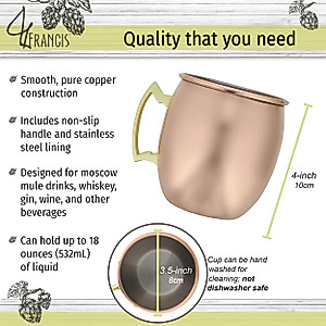 G Francis Moscow Mule Copper Mugs, 4pc Set - 18oz Smooth Copper Drinking Cups Moscow Mule Glasses Set for Ginger Beer and Cocktails