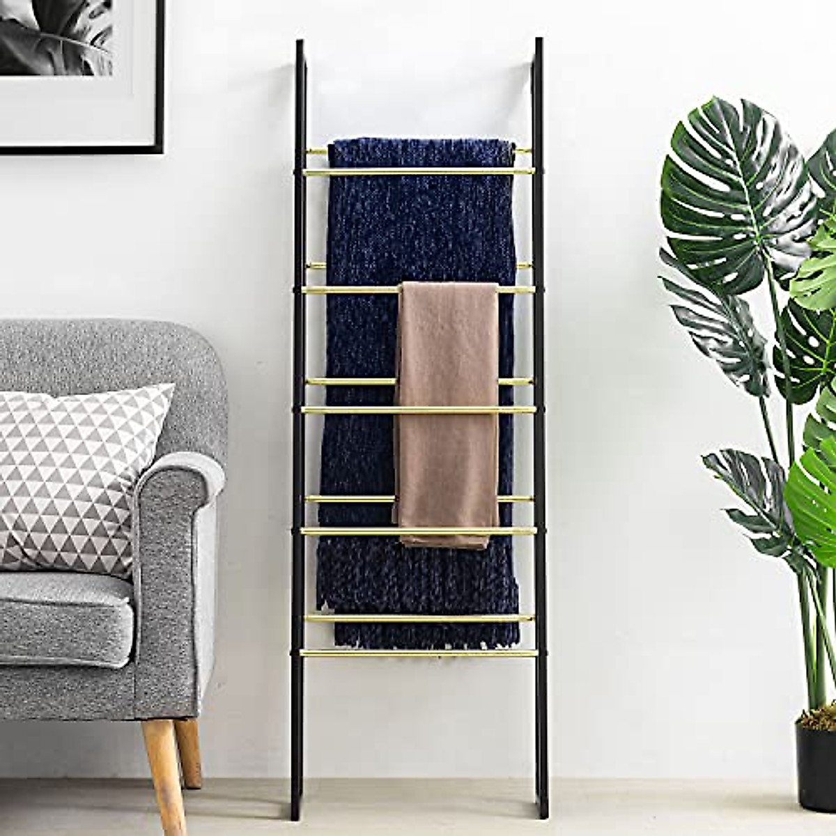 MyGift Art Deco Style Towel Ladder Rack Modern Black and Gold Tone Metal Wall Leaning Decorative Blanket Hanger Holder