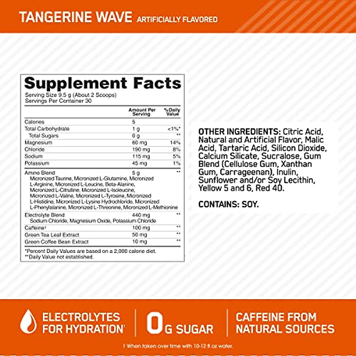 Optimum Nutrition Amino Energy Plus Electrolytes Energy Drink Powder, Caffeine for Pre-Workout Energy, Amino Acids / BCAAs for Post-Workout Recovery, Tangerine Wave, 30 Servings (Packaging May Vary)