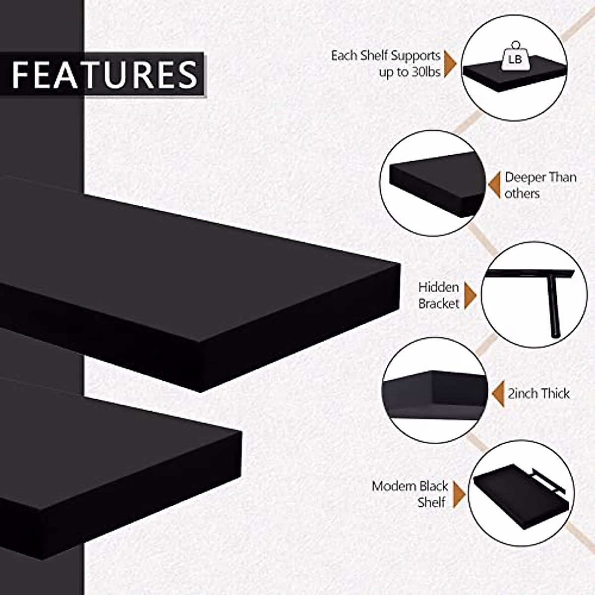 WELLAND 12" Deep Black Floating Shelves, Floating Wall Shelf, 47.24" L x 11.81" D x 2" T, Deeper Than Others, Black