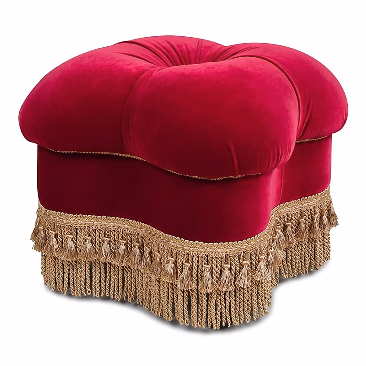 Jennifer Taylor Home Ellen Upholstered Clover Ottoman with Gold Bullion Fringe, Siren Red Performance Velvet