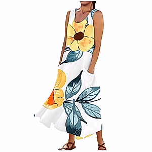 Sundresses for Women with Pockets Sleeveless O-Neck Dresses Floral Print Fashion Club Mixi Sundress Yellow Medium