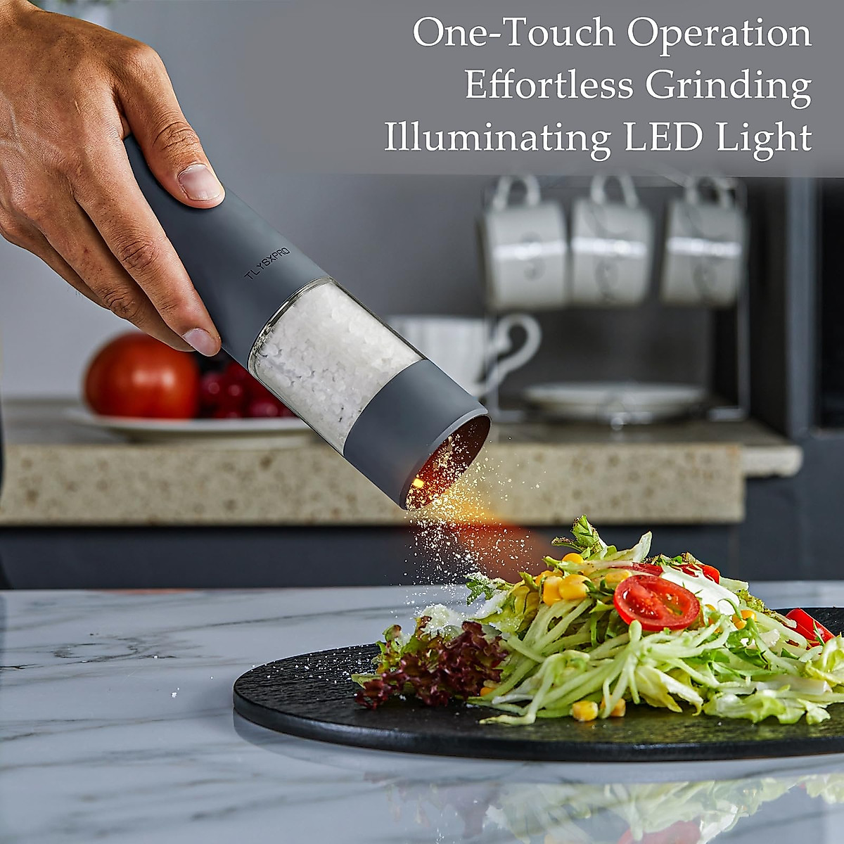 Electric Salt and Pepper Grinder Set, USB Rechargeable, Automatic Salt and Pepper Mill Grinder with Adjustable Coarseness, Electric Salt Shakers, LED Light, Refillable (2 Packs, Black)