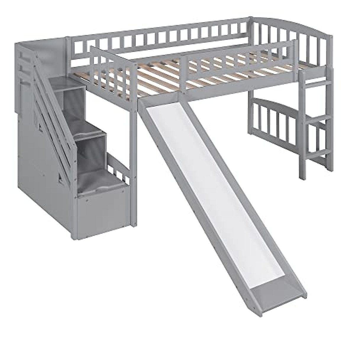 HABUHOME Twin Size Low Loft Bed with Convertible Slide, Stairs with Two Drawers, Stairway Loftbed Frame, for Kids Boys Girls, Gray