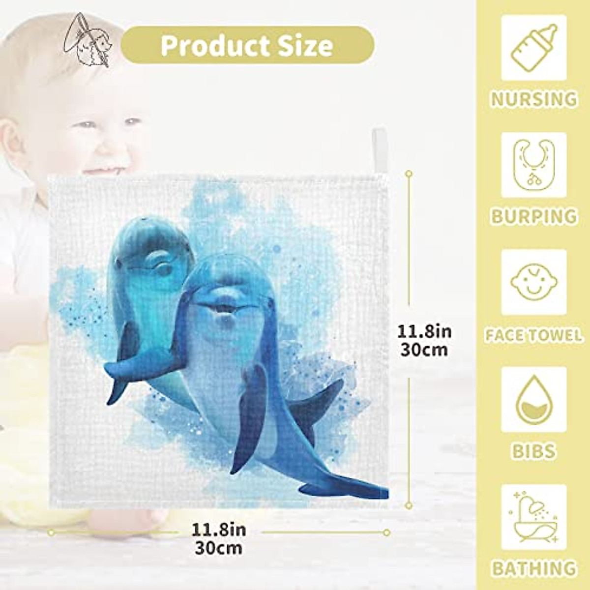 Washcloths Set Bathroom Kitchen Wash Cloths Face Towels Wipes Dolphin Sea Blue Watercolor Decorative 12x12 Inch 5 Pack