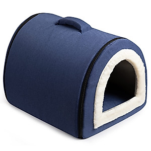 Hollypet Linen Cat Bed, Self-Warming 2 in 1 Foldable Cave House Animal Shape Nest Pet Sleeping Bed, Blue