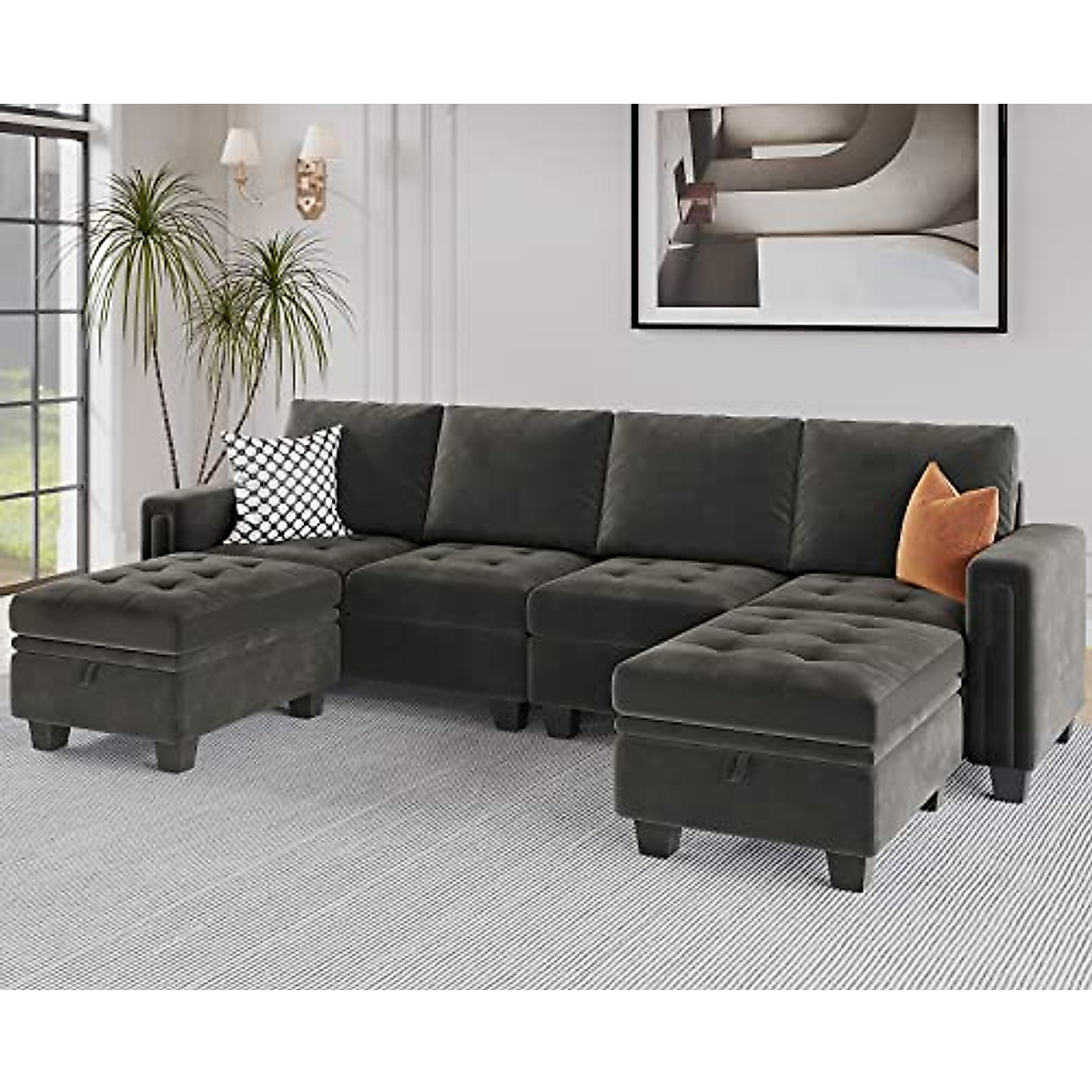 Belffin Velvet U Shaped Sectional Sofa Couch with Storage Ottoman Convertibel Sectional Sofa with Reversible Chaises Grey