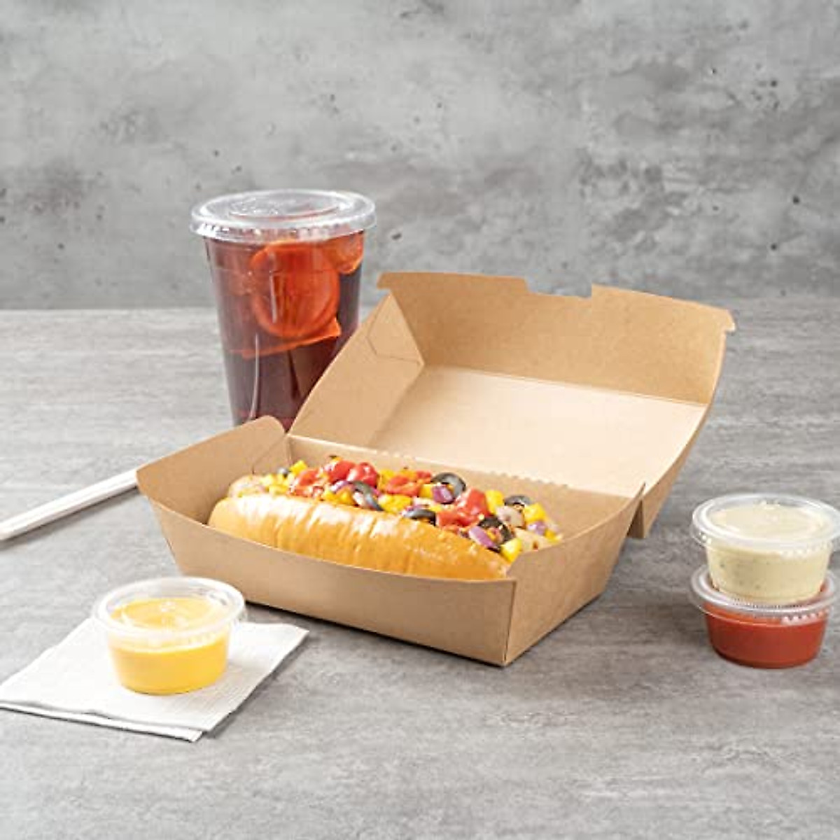 Bio Tek 6.7 x 3.5 x 3.5 Inch Clamshell Food Containers, 100 Disposable Sandwich Containers - Hinged Lid, Tab-Lock Closure, Kraft Paper Hot Dog Containers, Recyclable, Greaseproof