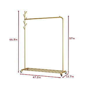 Smlttel Metal Gold Clothes Rack for Hanging Clothes, Rolling Clothing Rack for Boutique Display, Gold Coat Rack Standing Garment Rack with Shelf, Industrial Pipe Rack, Heavy Duty Clothing Rack, Gold