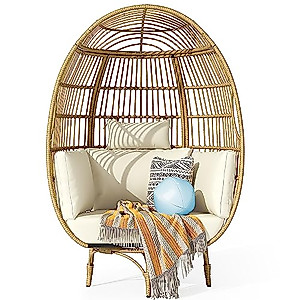YITAHOME Swivel Outdoor Egg Chair, Wicker Patio Rotating Basket Chair with 370lbs Capacity, All-Weather Oversized Stationary Egg Lounger Chair for Indoor Living Room Outside Balcony Backyard (Beige)
