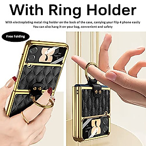 Miimall for Samsung Galaxy Z Flip 4 Leather Case with Ring Holder Stand, Luxury Rhomboid Leather Back Cover Electroplating Frame with Camera Lens Protector Case for Galaxy Z Flip 4 2022(Black)
