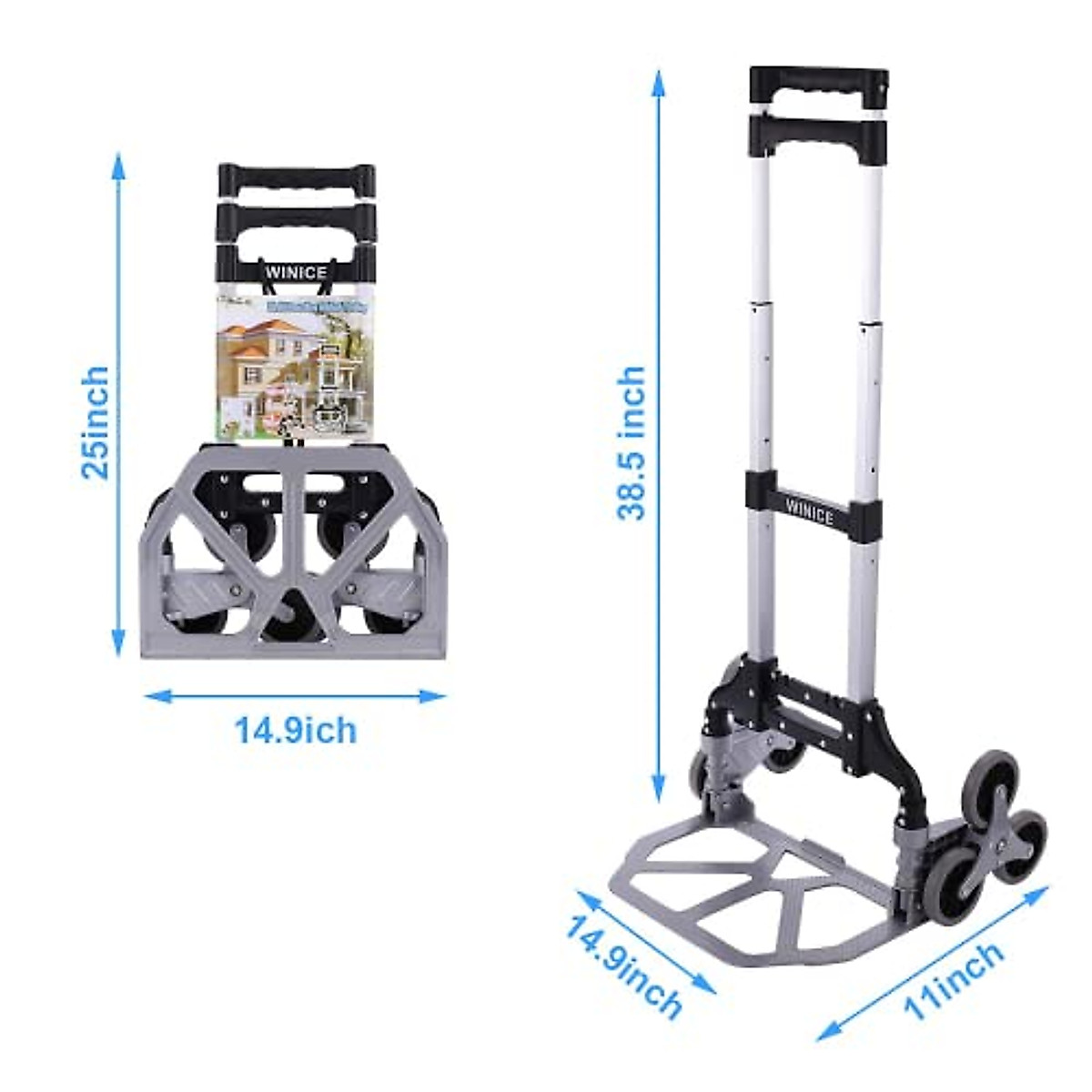 Stair Climbing Cart Portable Folding Hand Truck 165 lbs Weight Capacity Heavy-Duty Hand Cart Height Adjustable Aluminum Trolley with 6 Rubber Wheels & Bungee Cord Dolly for Moving, Luggage and Office