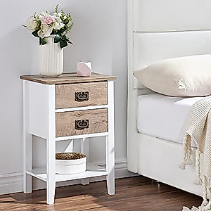 VECELO Nightstands Set of 2 End/Side Tables for Living Room Bedroom Bedside, Vintage Accent Furniture Small Space, Solid Wood Legs, Two Drawers, White & Oak