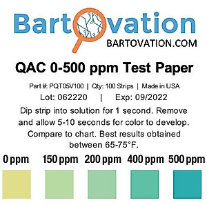 Restaurant Quaternary Ammonium (QAC, Multi Quat) Sanitizer Test Paper, 0-500 ppm [200 Paper Strips]