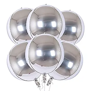 AULE Silver Orbz Balloon Decorations - Pack of 6, Jumbo 22 Inch 4D Metallic Silver Balloons, Large Foil Sphere Balloons, Big Round Mylar Balloons