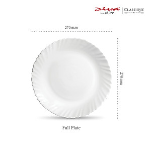 La Opala Diva, Classique Collection, Opal Glass Full Plate Set 11" 6 pcs, Plain White