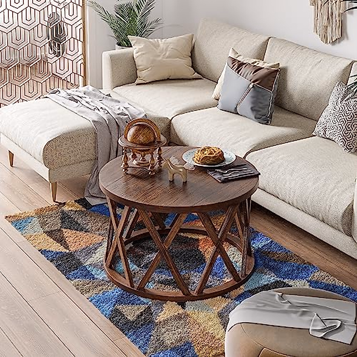 COZAYH Farmhouse Coffee Table, Rustic Round Coffee Table with X-Motifs Legs, Wood Textured Top, for Boho, French Country Decor, Brown