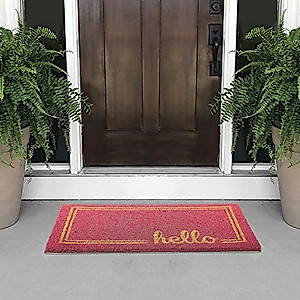 mDesign Rectangular Coir and Rubber Entryway Welcome Doormat with Natural Fibers for Indoor or Outdoor Use - Decorative Script Hello Design - Dark Pink/Natural