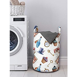Lunarable Alice in Wonderland Laundry Bag, Cupcakes Mushrooms and Bottles Hanging in Sky Dessert Print, Hamper Basket with Handles Drawstring Closure for Laundromats, 13" x 19", Multicolor
