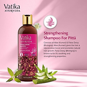 Vatika Ayurveda Strengthening Shampoo, Natural Deep Moisturizing, Hydrating Contains Aloe + False Daisy for Dry, Thin, Color Treated Hair, Long Hair, Split Ends & Strengthening Hair, 400ml (For Pitta)