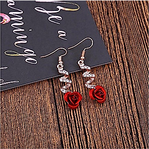 Vintage Red 3D Rose Drop Earrings For Women Statement Dangle Earrings With Crystal Rhinestone Valentine's Day Gift