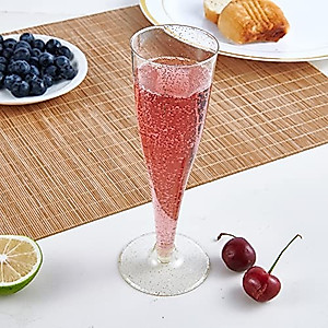 FOCUSLINE 100 Pack Plastic Champagne Flutes, 4.5 Oz Gold Glitter Plastic Champagne Glasses, Disposable Clear Toasting Glasses Recyclable Plastic Champagne Cups for Wedding Party