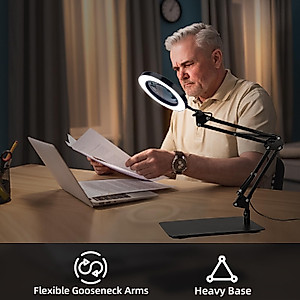 Magnifying Glass with Light, EOOKU 3-in-1 Magnifying Desk Lamp 5X & 10X Magnifying Glass with Light, Adjustable Swivel Gooseneck Arms & Heavy Duty Base Plate…