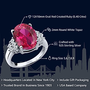 Gem Stone King 925 Sterling Silver Red Created Ruby and White Topaz Engagement Ring For Women (5.40 Cttw, Oval 12X10MM, Available In Size 5, 6, 7, 8, 9)