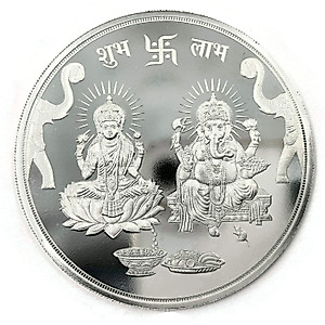 **Silver Coin Ganesha + Lakshmi 10 gms Item location USA Ideal for a return gift, house warming gift, good luck gift, diwali gift, Ganesh chaturathi gift.