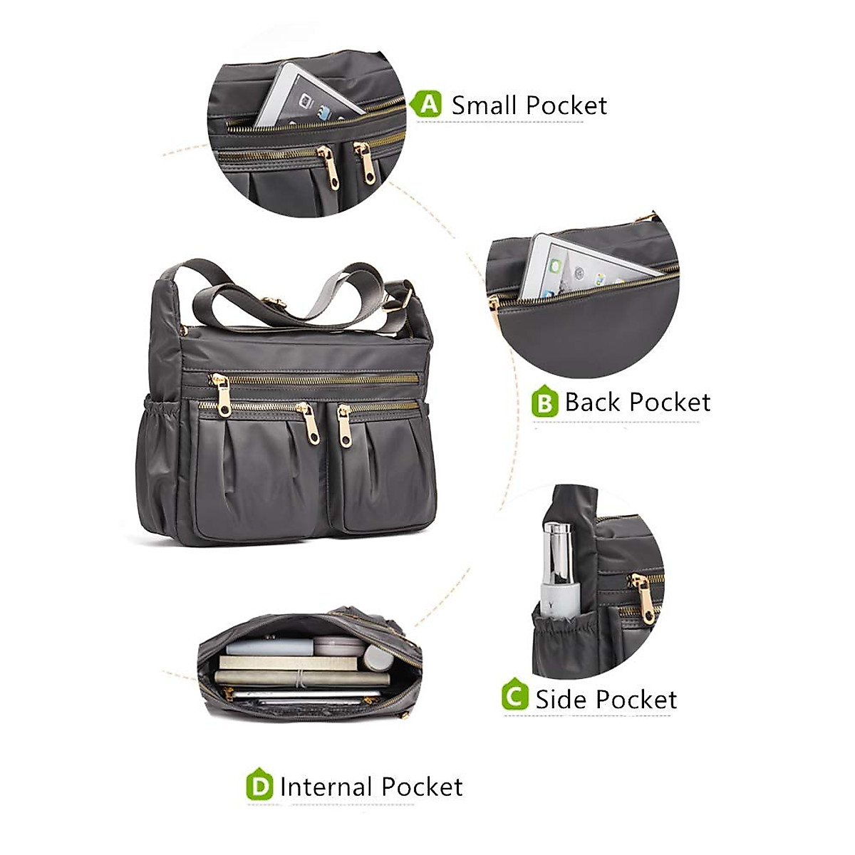 Crossbody Bags for Women,SHINON Multi Pocket Shoulder Bags, Lightweight Nylon Waterproof Casual Travel Purse Messenger Bags. (Grey)