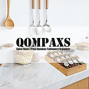Qompaxs Bamboo Tableware Organizer, Spices Bottle Holder, Drawer and Cabinet Organizer, Kitchen Countertop Organizer and Storage Tray
