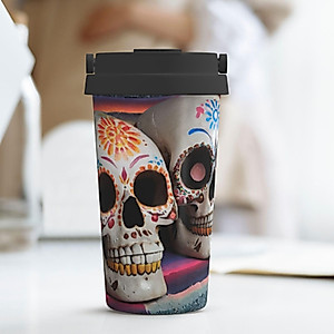 Insulated Coffee Mug Skull. 17oz Double Wall Vacuum Stainless Steel Tumbler With Leak-Proof Lid And Handle, Cute Travel Thermos Mug For Cold Hot Drinks