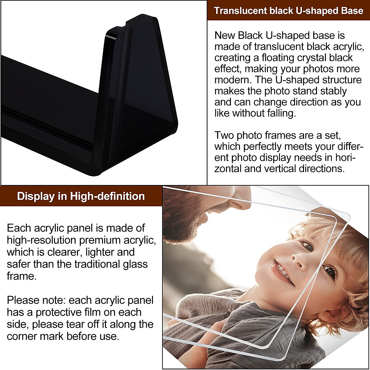Boxalls 2 Pack Acrylic Picture Frames 4x6 with Translucent Black Base Stand, Frameless Photo Frame for Tabletop or Desktop Display (Horizontal + Vertical)