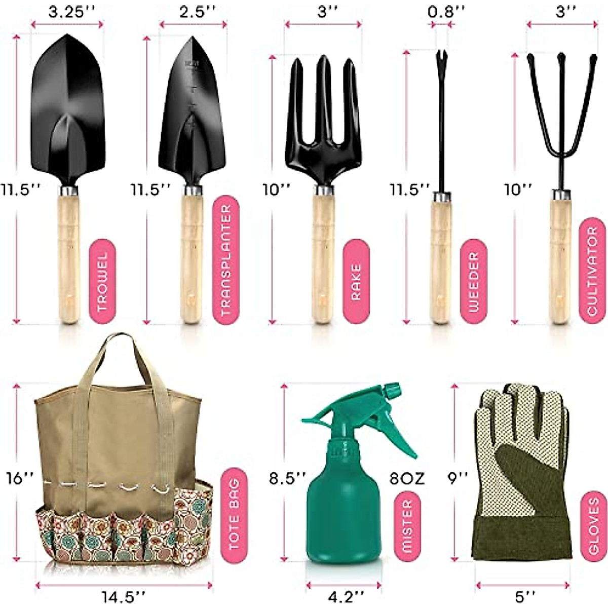 Gardening Tools Set - Stainless Steel Garden Tools with Shovel Trowel Fork Rake Weeder Water Mister, Gardening Gloves, Perfect Gardening Gift for Women